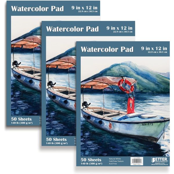 3 PACK of Premium Grade 9" x 12" Watercolor / Sketch Pads, 50 Extra ...