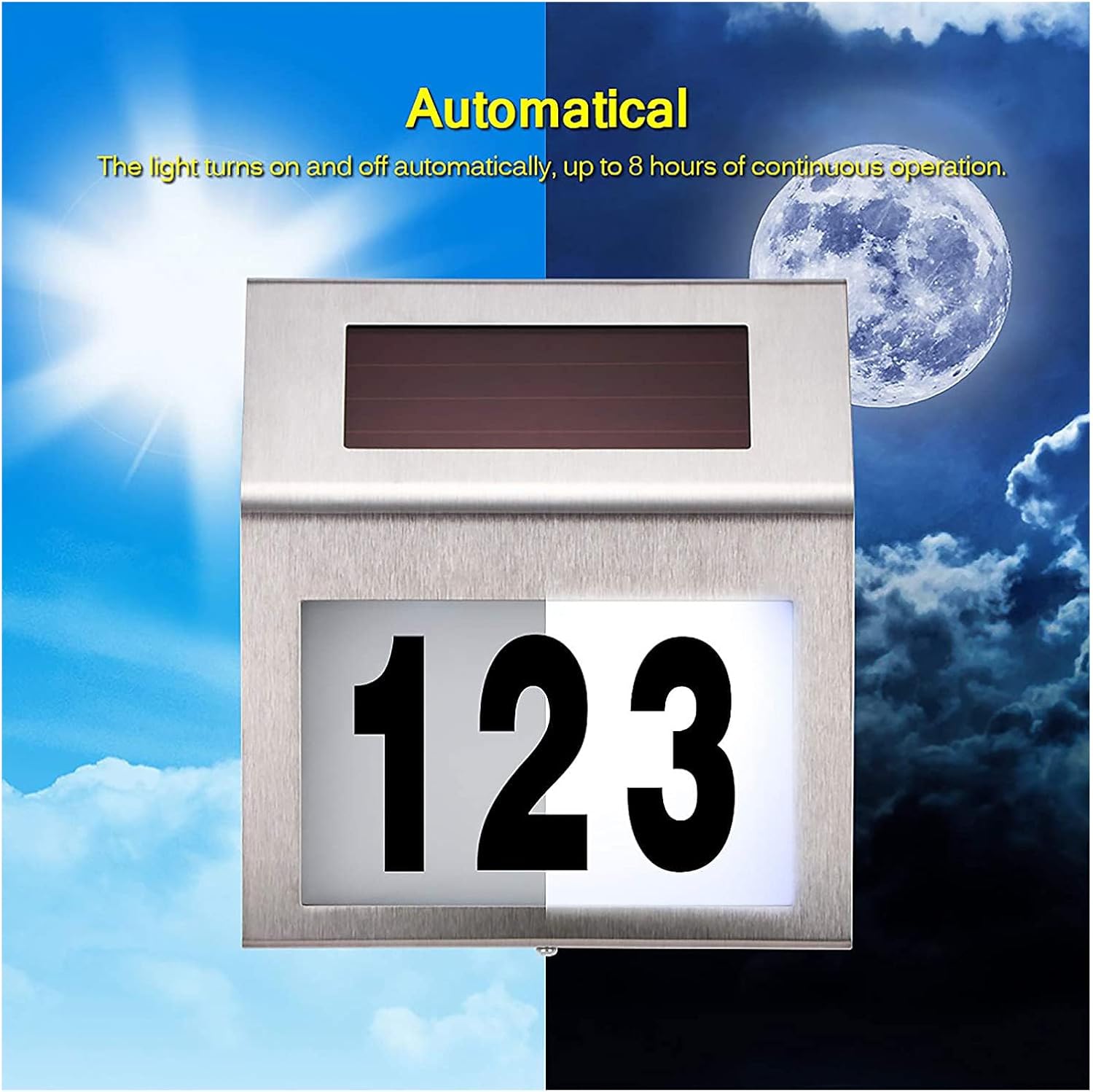Solar LED Address Sign – Stainless Steel House Number Light with White ...