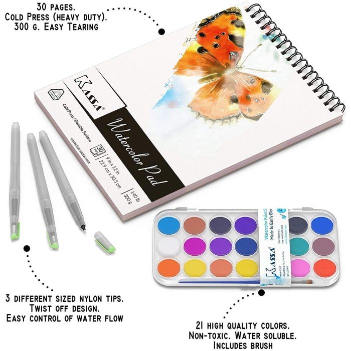 Complete Watercolor Art Kit - Includes 21 Watercolor Palette, 30 Sheets ...
