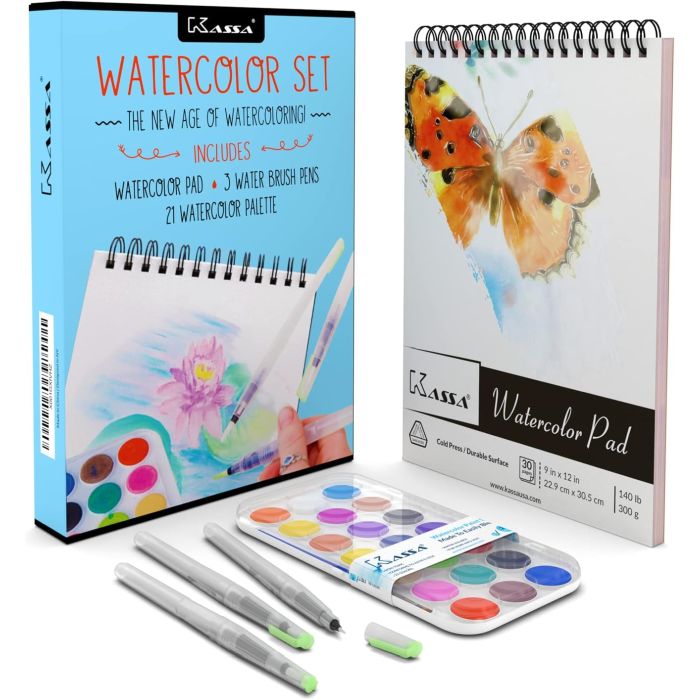 Complete Watercolor Art Kit - Includes 21 Watercolor Palette, 30 Sheets ...
