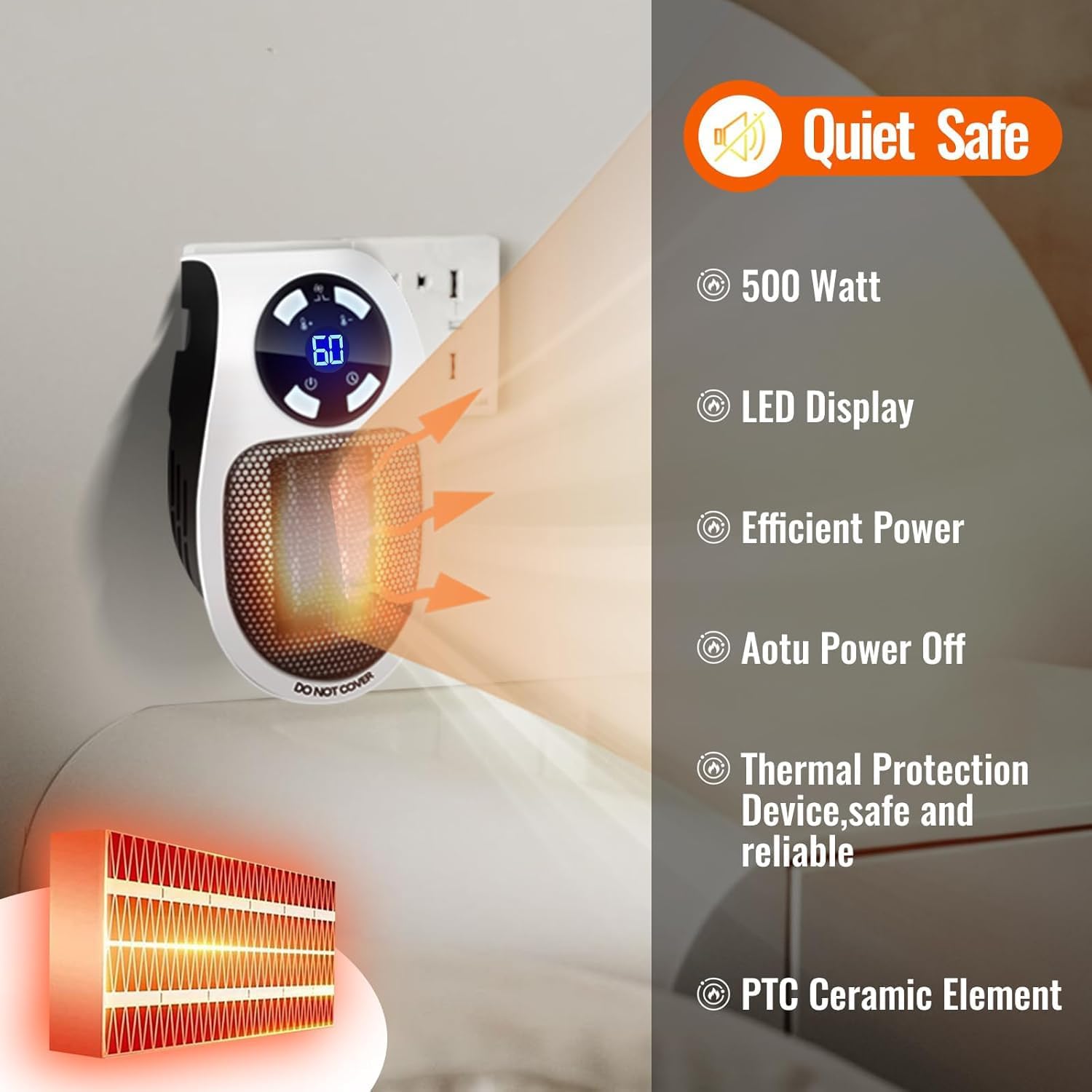 Portable Programmable 500W Wall Outlet Space Heater With LED Display ...
