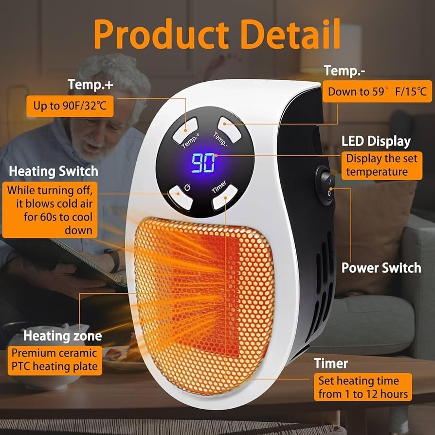 Portable Programmable 500W Wall Outlet Space Heater With LED Display ...