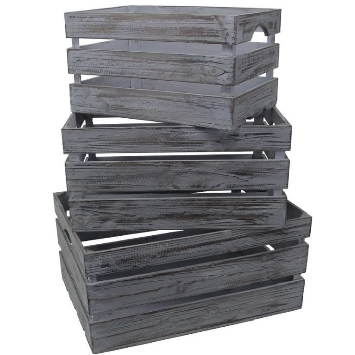 Set of 3 Rustic Gray Wooden Crates - This crate piece features three ...