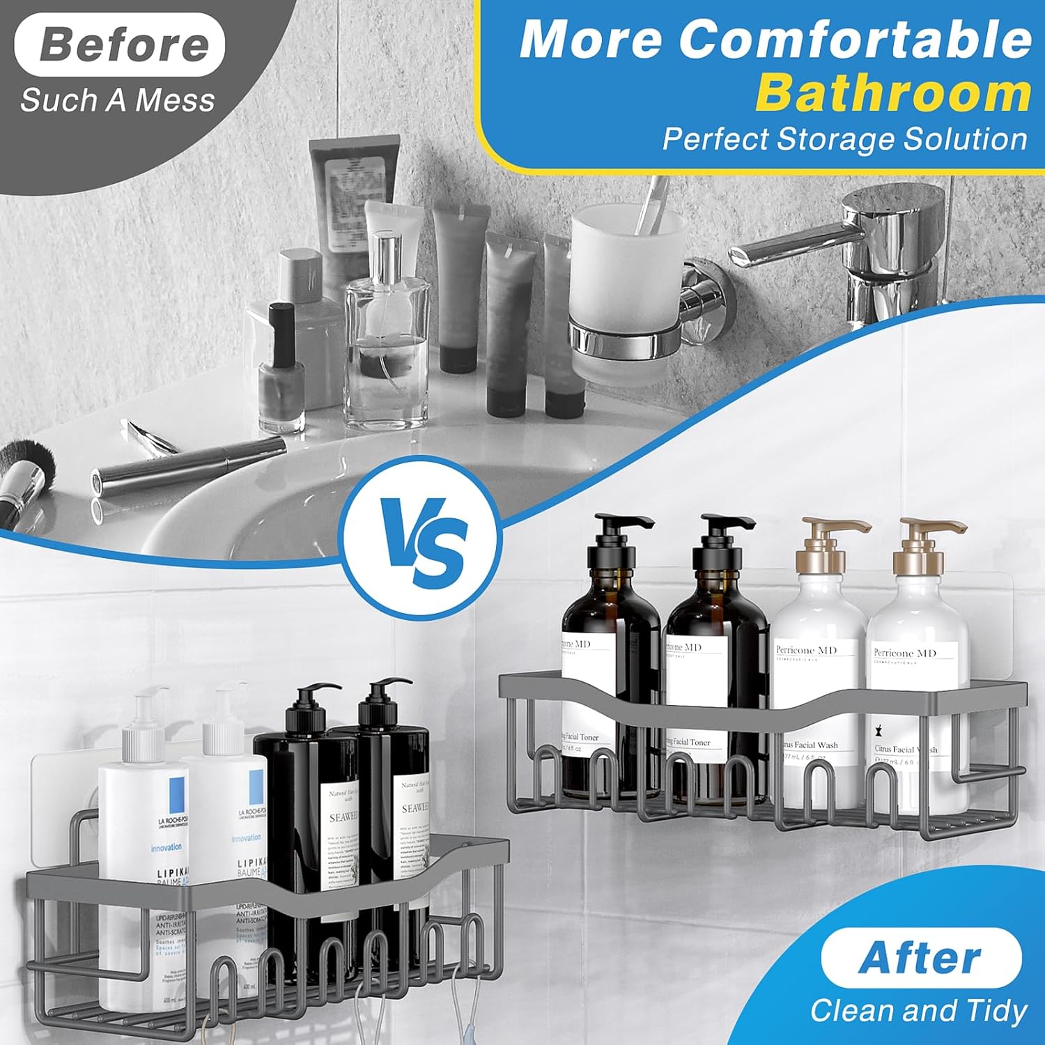 5 Piece Set: Shower Caddy with Large Capacity No Drill Adhesive Bath ...