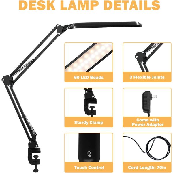 Adjustable Metal Swing Arm Desk LED Lamp with Clamp - 3 Color Modes and ...