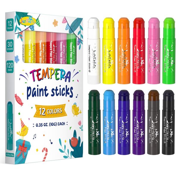12 Colors Solid Tempera Paint Sticks - Washable, Quick Drying, Mess ...