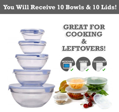 10 Piece Glass Cooking / Storage / Mixing Bowl Set With Lids - You Get ...